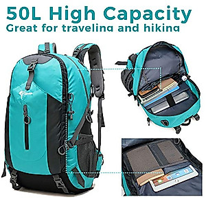 TurnWay Amanda 50L Water-Resistant Travel Backpack/Casual/Hiking/Camping Daypack with Rain Cover, Headphone Hole (Lake Blue)