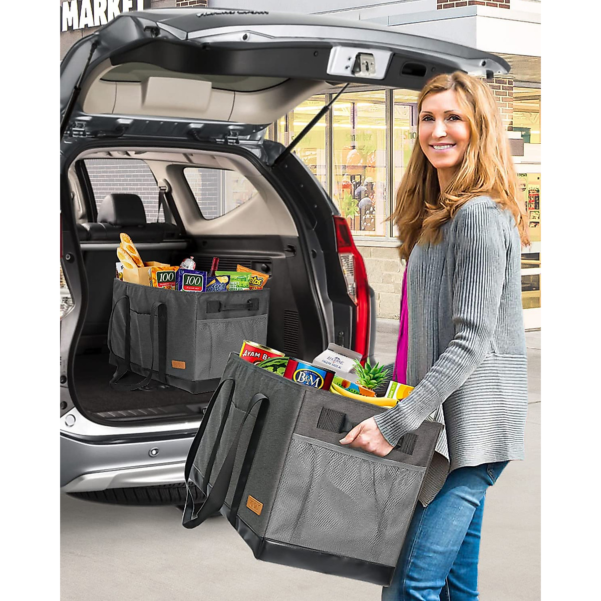 WONDAY Large Stand Up Utility Tote Bag, Reusable Grocery Bags Foldable with Waterproof Bottom, Extra Large Tote Bag with Handles and Pockets for Grocery Stores, Picnics, Beaches, Camping