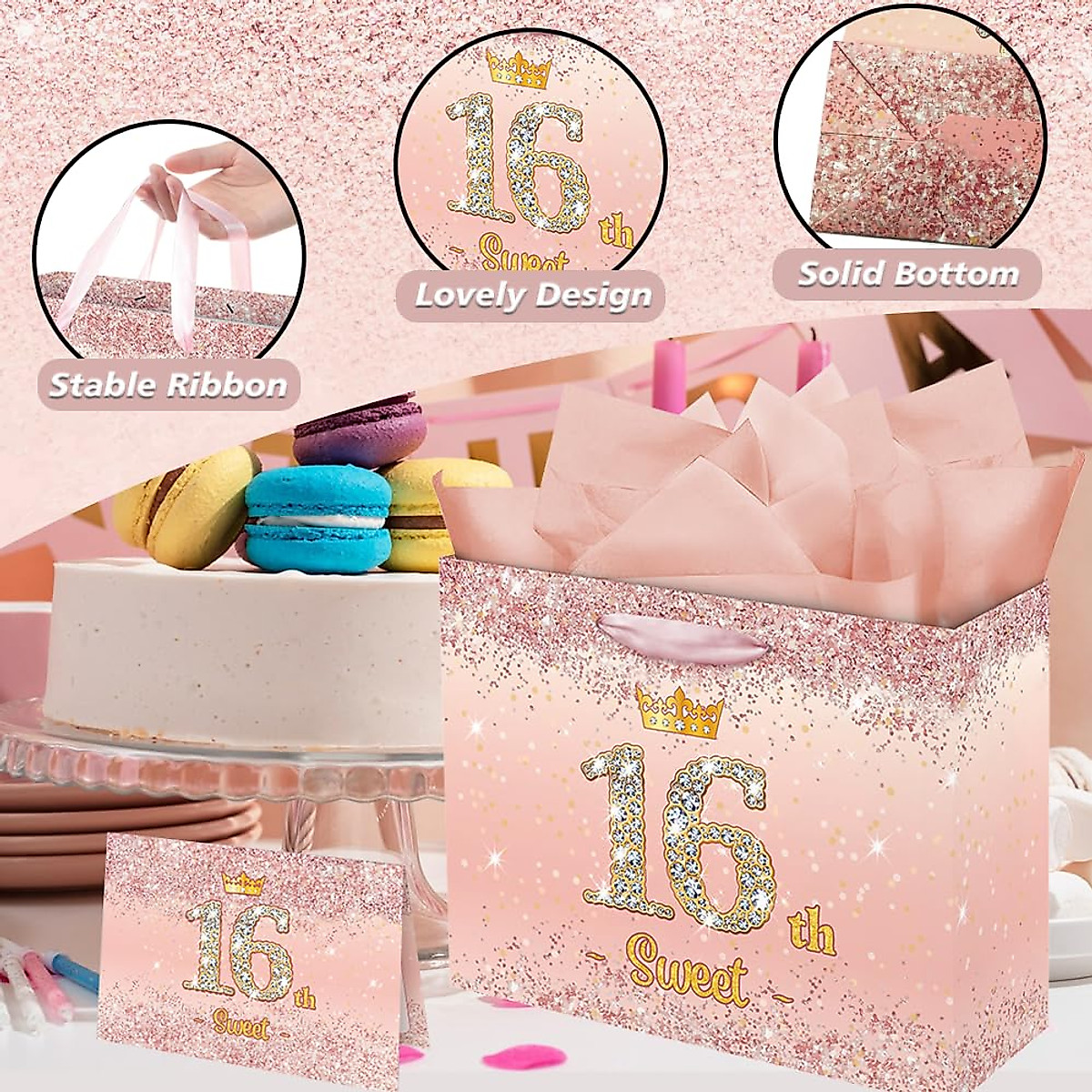 Vichona Rose Gold 16 & Sweet 16th Birthday Gift Bag for Girls, Sweet 16th Birthday Gifts Decorations for Girls, 16 Years Old Birthday Gift Bag Card for Daughter Granddaughter Friends