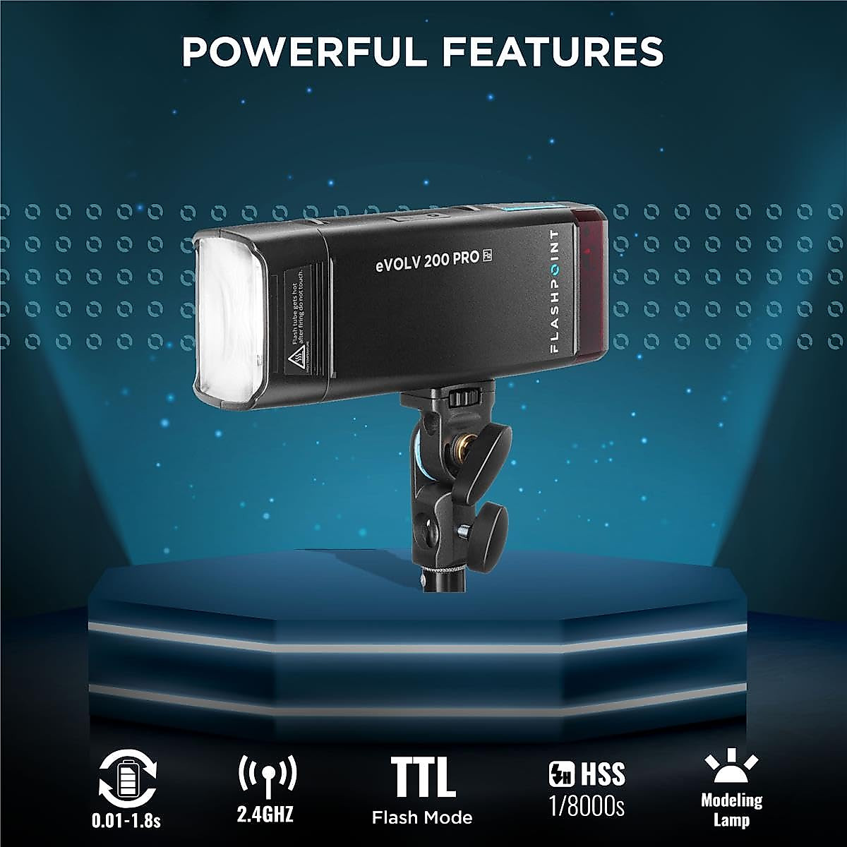 Flashpoint eVOLV 200 Pro TTL Pocket Flash Kit for Camera Strobe Light Photography, 200Ws, 1/8000 HSS, 500 Full Power Flashes, 0.01-1.8s Recycling w/2900mAh Battery, Bare Bulb/Speedlite Flash Head