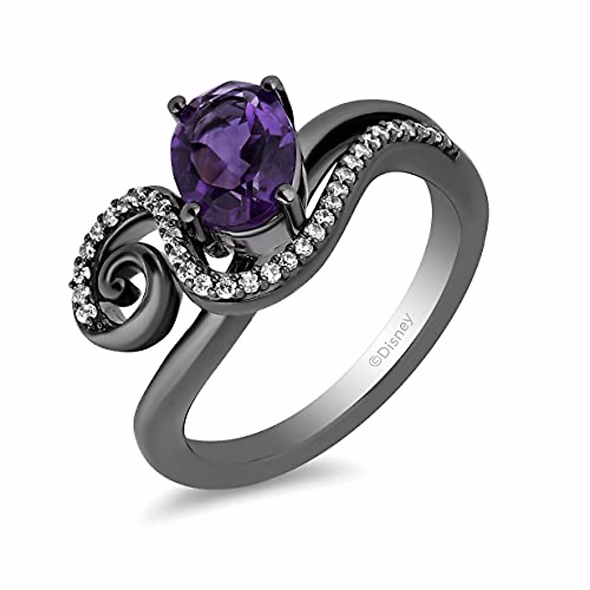 Jewelili Enchanted Disney Fine Jewelry Black Rhodium over Sterling Silver 8x6 MM Oval Shape Amethyst and 1/6 Cttw Natural White Round Diamond Ursula Ring, Size 7