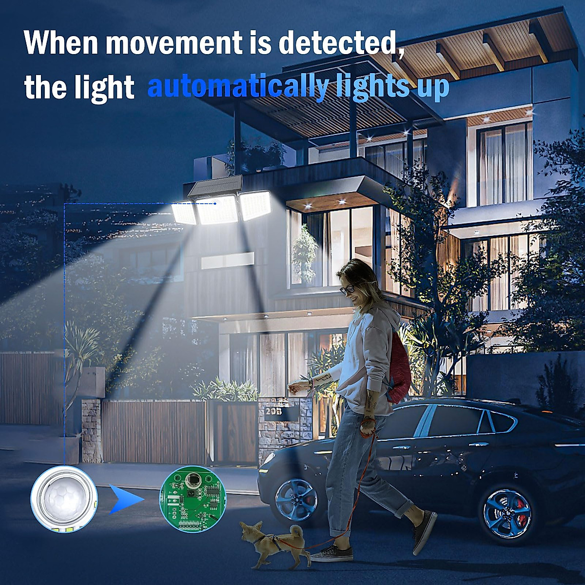 daphino Solar Lights Outdoor 2500LM Motion Sensor Outdoor Lights,3 Head 355° Wide Angle Street Area Lights, Waterproof Security Lights with 3 Modes(Black,Non-Remote-2 Pcs)