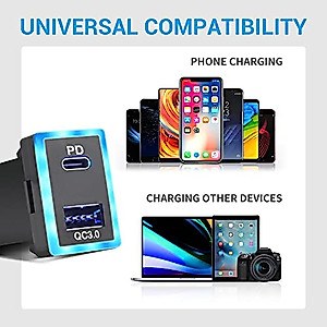 MICTUNING 12V/24V USB Type C Car Charger Replacement for Toyota, Dual USB Ports QC3.0 & PD Type C Car Power Socket Compatible with iPhone iPad PDA Laptop GPS (1.3''×0.9'')