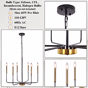 ZCHAOZ Modern Farmhouse Chandelier for Dining Room, 6 Lights Chandelier Light Fixture Adjustable Height, Black and Gold Hanging Candle Pendant Lighting for Kitchen Island Living Room Bedroom Foyer