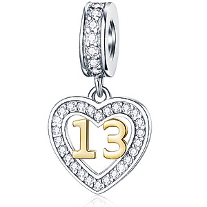 13 Years of Love Birthday Charms fits Pandora Style Bracelet, Golden Number 13, 925 Sterling Silver Heart Bead Pendant with Birthstones CZ, 13th Milestones Gifts for Back to School/Christmas