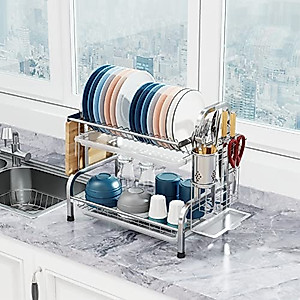 GSlife Stainless Steel Dish Drying Rack Rustproof 2 Tier Dish Rack for Kitchen Counter with 3 Drainboards, Tiered Dish Drainer with Utensils Holder,Cutting Board Holder, Silver