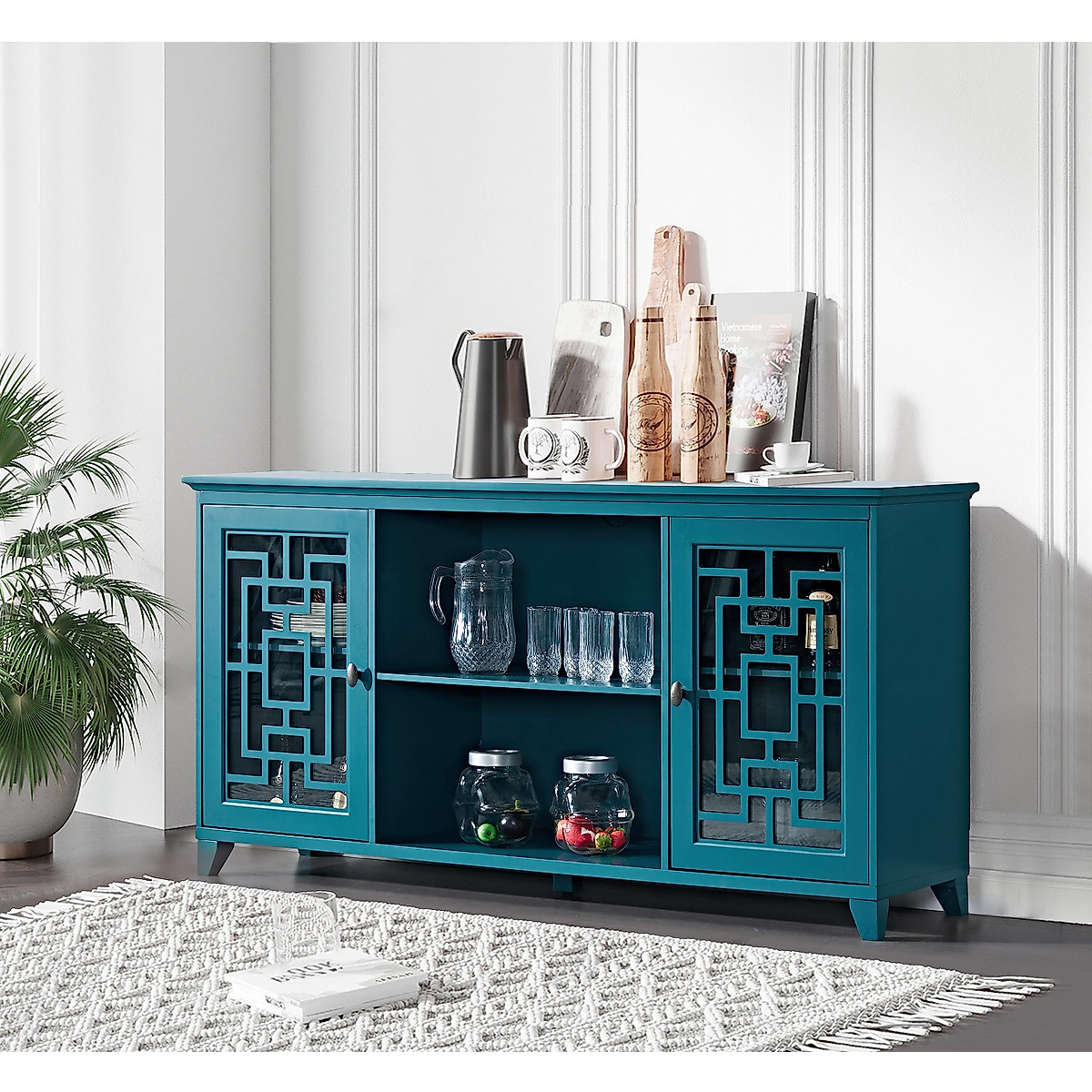 Mixcept 60” Sideboard Buffet Table Storage Cabinet Console Table with 2 Doors and Adjustable Shelves, Cupboard Kitchen Sideboard for Kitchen Dining Room, Teal