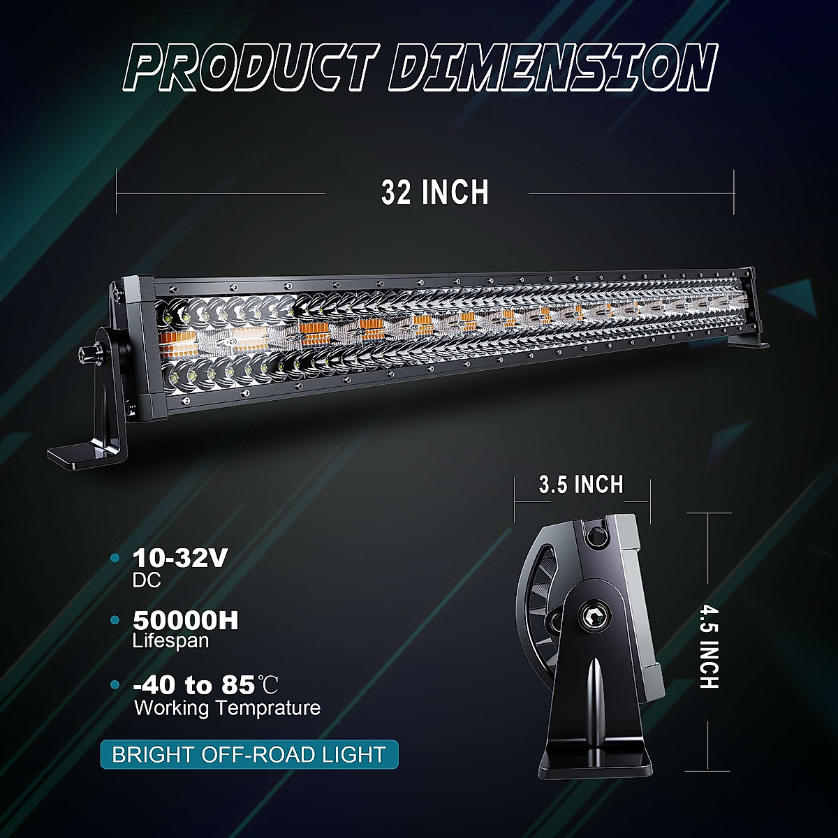 SLARY 32 Inch 180W LED Light Bar White/Amber Flasing Strobe Light with Six Modes Driving Fog Lights Spot Flood Combo Beam Bumper Lights with Switch Wiring Harness for Offroad Truck 4WD SUV ATV UTV