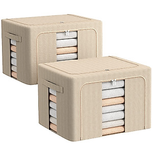 FHSQX Clothes Storage Organizer Bins- Stackable Storage Containers for Closet Foldable Storage Bins for Clothes with Clear Window & Carry Handles (Extra Large-100L(23.6x16.5x15.7inch), Beige)