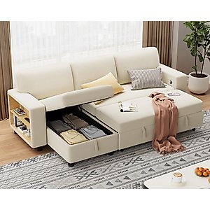Flamaker 80" Sleeper Sofa, Sofa Bed with Built-in Large Storage and 2 Bookshelves, Convertible Sectional Sofa Couch, Pull Out Couch with USB, Modern Couches for Living Room (Corduroy, Light Beige)