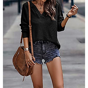 PRETTYGARDEN Women's 2024 Fall Pullover V Neck Knitted Sweater Casual Long Sleeve Jumper Top (Black, Large)