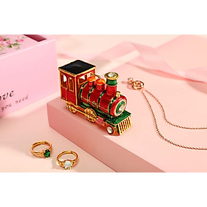 Furuida Mini Steam Train Jewelry Trinket Box Hinged Enameled Crystal Ornaments Gift for Home Decor