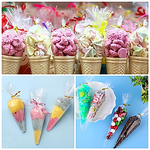 YUXIANLB 100Pcs Cone Shaped Treat Bags, 6x12 Inches Christmas Candy Transparent Celloph Bags, Cone Bags with Twist Ties, Clear Cone Snack Bags for Gift Giving, Packaging Snack, Popcorn Favor