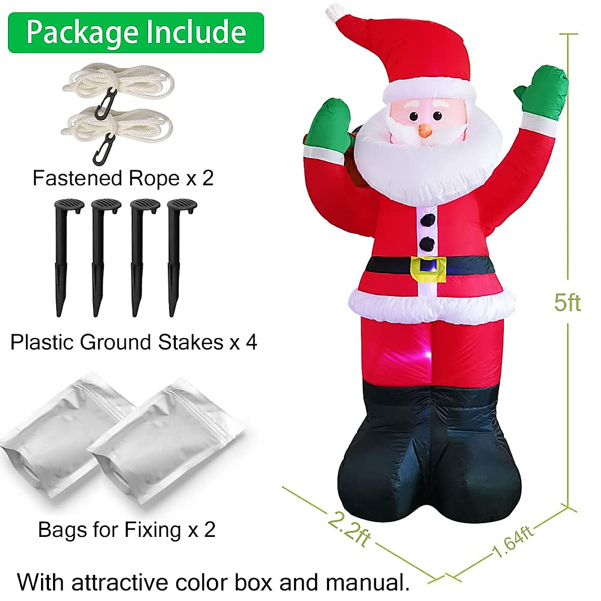 5ft Christmas Inflatable Santa Claus with Gift Bag, Indoor Outdoor Christmas Decoration with Lights, Yard Lawn Garden Xmas Party Prop Decor, Cute Fun Xmas Holiday Decor with Tethers, Stakes, Sandbags