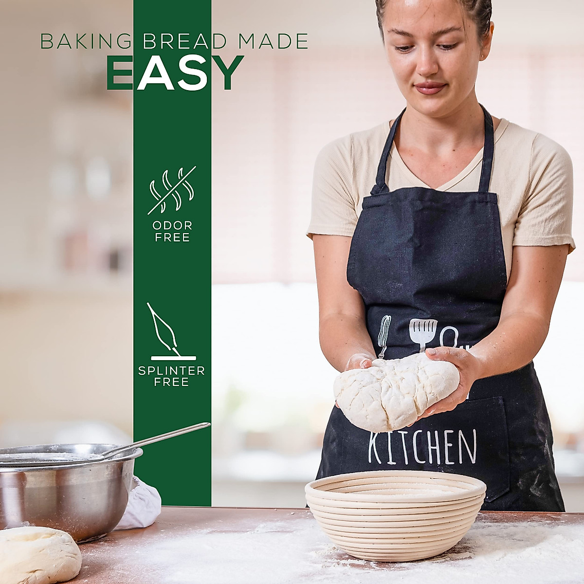 9 Inch HomeGenics Proofing Basket - With Scraper, Cloth Bag, and Recipe Book, Smooth and Splinter-Free Finish Bread Basket, Handcrafted, For Bread Making Tools Supplies