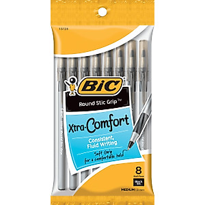BIC Round Stic Grip Xtra Comfort Ballpoint Pen, Medium Point (1.2mm), Black, 8-Count