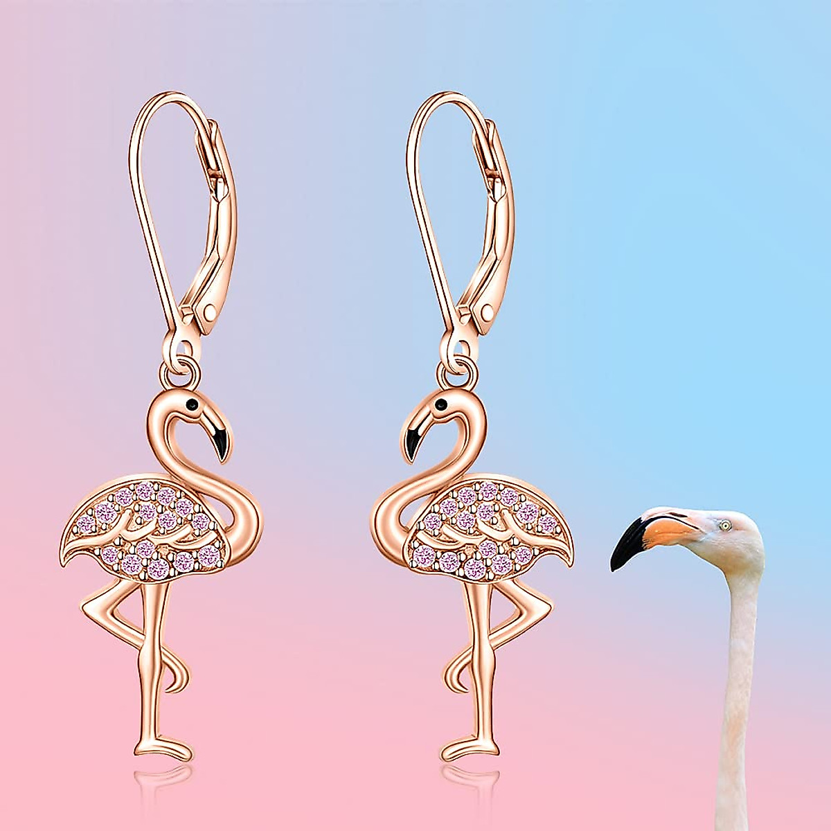 Flamingo Earrings for Women Sterling Silver Cute Bird Animal Rose Gold Pink Flamingo Dangle Hypoallergenic Christmas Holiday Summer Gifts