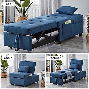 Convertible Sleeper Sofa Chair Bed, 3 in 1 Sleeper Chair Bed Ottoman with Adjustable Backrest, Pull Out Chair Bed with Pillow and Pocket, Sleeper Chair for Living Room, Apartment, Office (Blue)