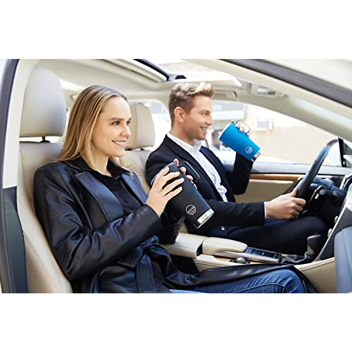 Mayim Large Travel Coffee Mug Tumbler with Clear Slide Lid and Handle, Reusable Vacuum Insulated Double-Wall Stainless-Steel Thermos, Fits in Cup Holder, 30oz., Neon Yellow