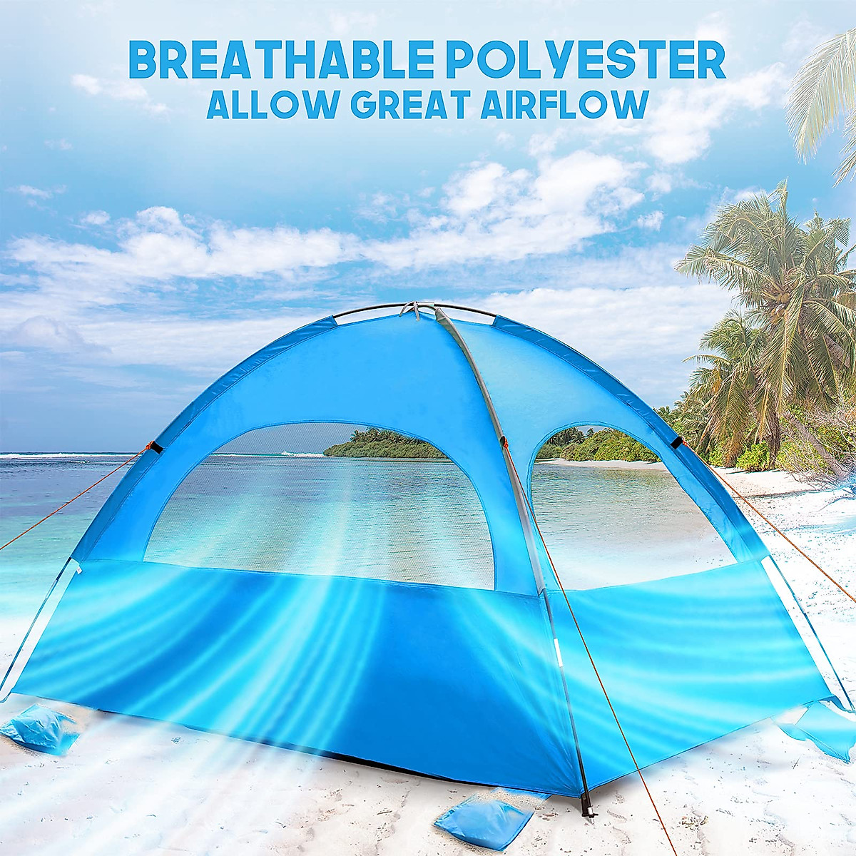 MIRUS Beach Tent, 2-3 Person Sun Shade Shelter with UPF50+ Protection Extended Floor & 3 Ventilating Roll Up Windows Carrying Bag Stakes and Tiedown Strings, Sky Blue