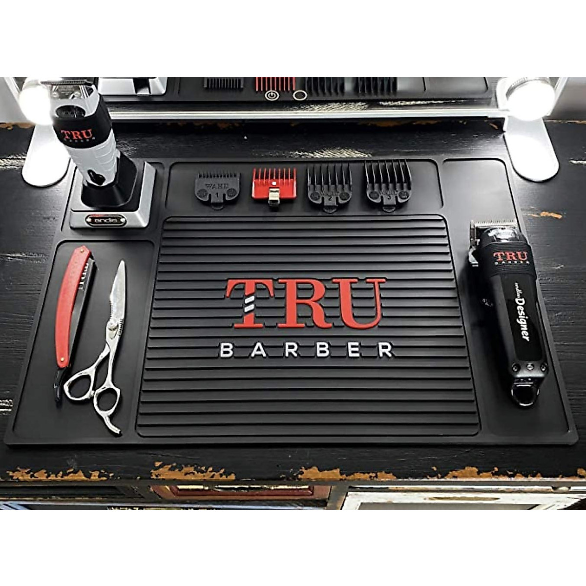 TRU BARBER Organizer Mat 18" X 13” (BLACK) Flexible PVC Station Mat, Salon Barbershop work station pads, Beauty salon tools, Counter mat for clippers, anti slip