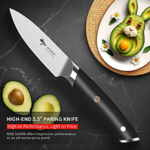 MAD SHARK 3.5 inch Paring Knives - Small Kitchen Knife Ergonomic Handle, Ultra Sharp Peeling Knife for Fruits,Vegetables and More - Forged Synergy by German Military Grade Composite Steel, Black