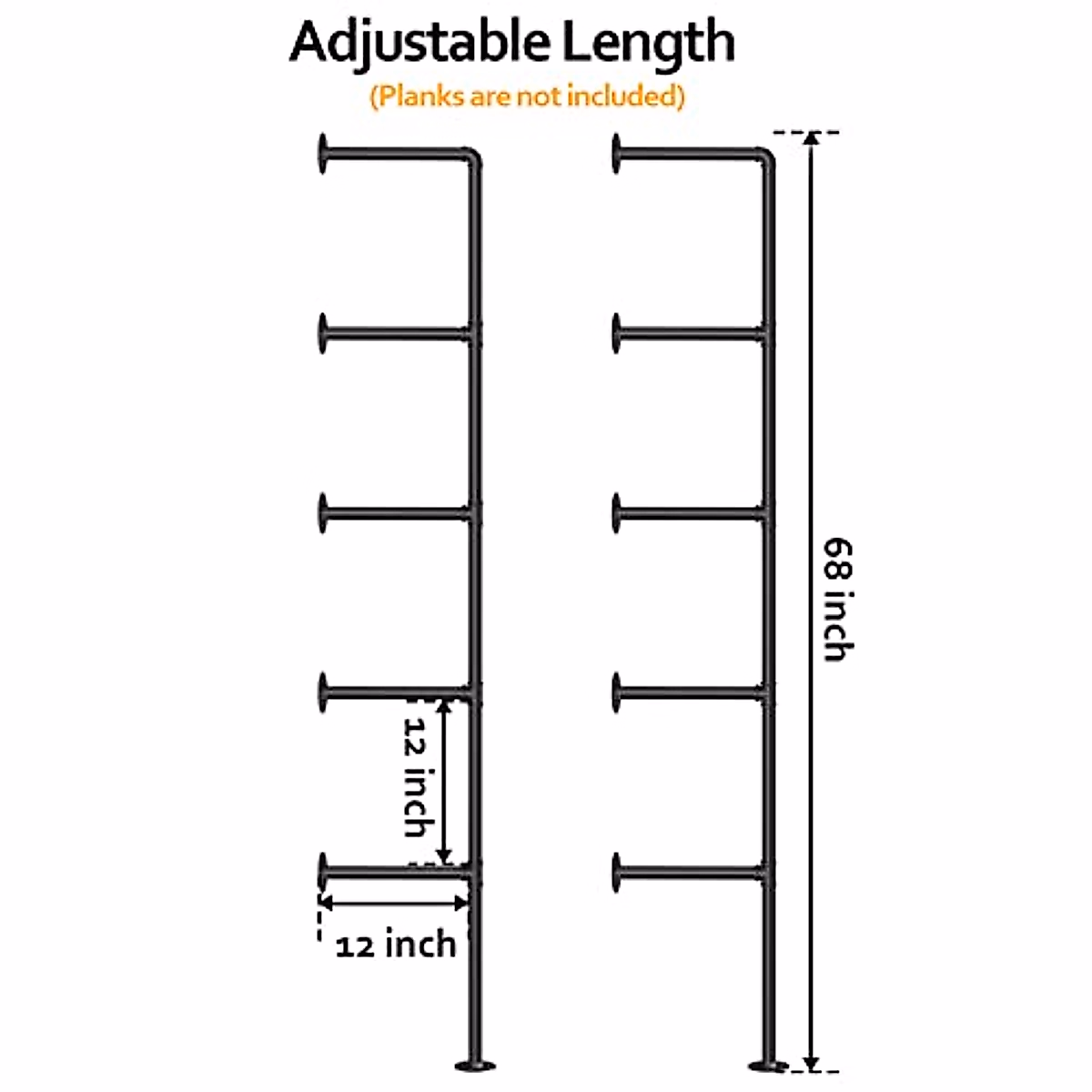 Industrial Iron Pipe Shelf Wall Mount, Farmhouse DIY Open Bookshelf, Pipe Shelves for Kitchen Bathroom, bookcases Living Room Storage, 2Pack of 5 Tier