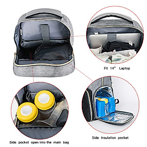 Breast Pump Backpack Diaper Bag - Multi-Function Cooler and Moistureproof Bag for Mother Baby Bottle Breast Milk Pump Mommy Outdoor Working Backpack with Insulation Pocket (Grey&Black)