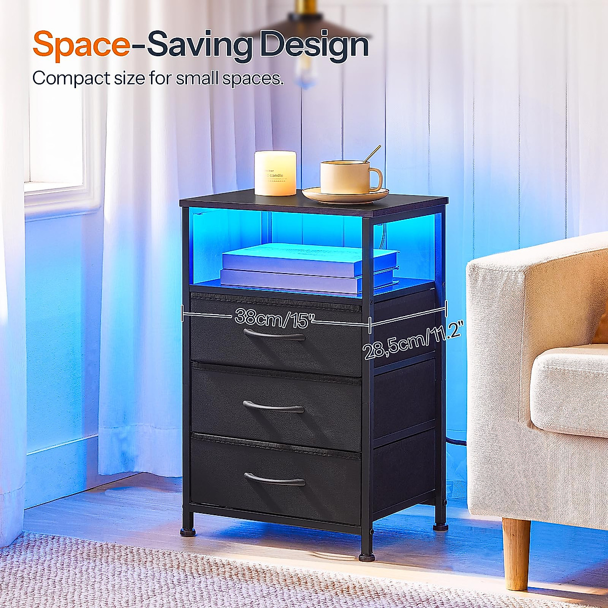 HOOBRO Nightstand with Charging Station and LED Light, Bedside Table with 3 Fabric Drawers, Night Stand with USB Ports and Outlet, End Table for Bedroom, Dorm, Black BB403UDBZ01