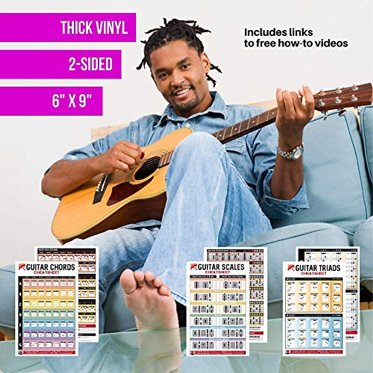 iVideosongs All-In-One Guitar Cheatsheet • Guitar Chords, Scales & Triads Guitar Reference Charts • Full Color with Circle of Fifths, Tab & CAGED Guitar • Free Access to 150+ Guitar Tutorials