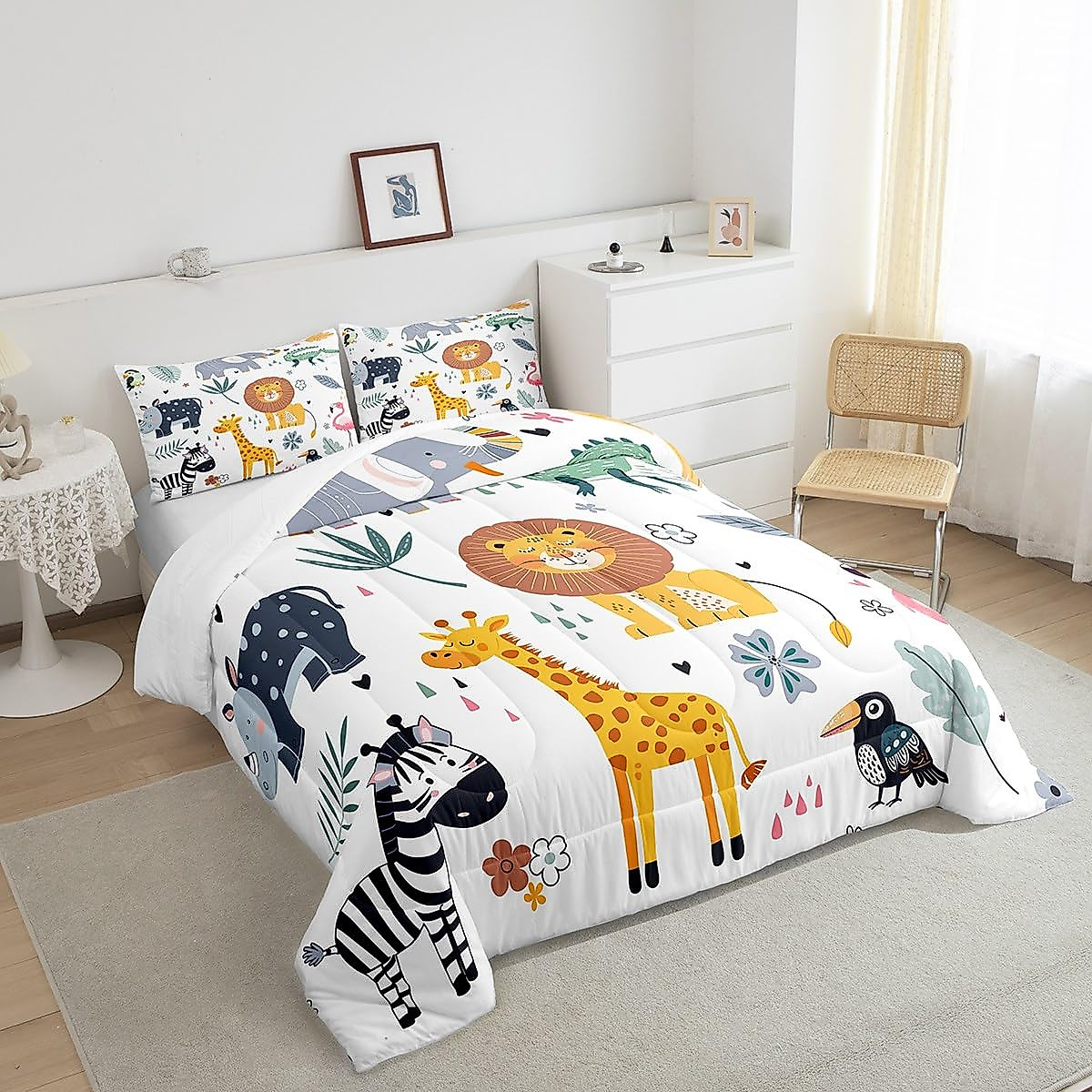 Feelyou Kids Zoo Animal Comforter Set Cute Wild Animals Bedding Set Cartoon Safari Wild Print Comforter for Boys Girls Children Teens Bedroom Decor Exotic Natural Theme Duvet Set Twin Size