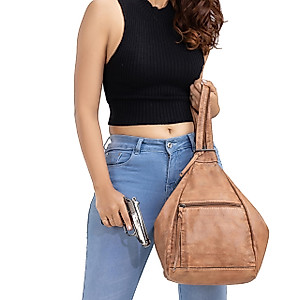 Locking Concealed Carry Leather Tactical Outdoors Sling Marley Backpack with Universal Holster and RFID Organizer (Cognac)