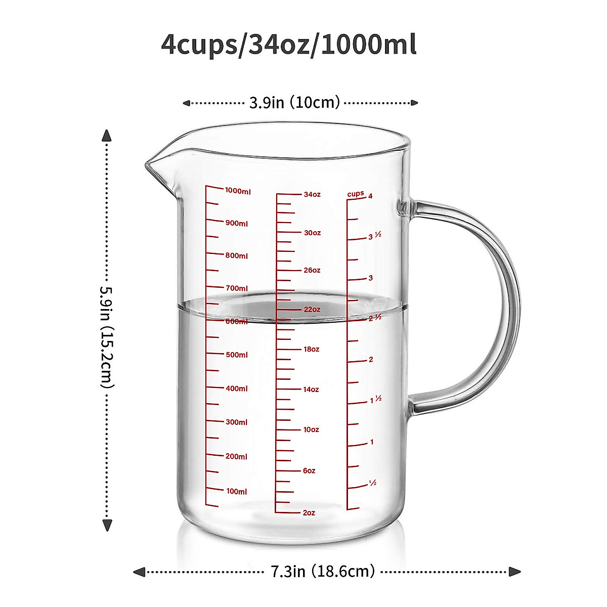 Luvan 34OZ/1000ML Glass Measuring Cup, 4 Cup Glass Measuring Cup With 3 Scales (Ml/Oz/Cup), High Borosilicate Glass Measuring Cup With Handle and V-Shaped Spout, Dishwasher/Freezer/Microwave Safe