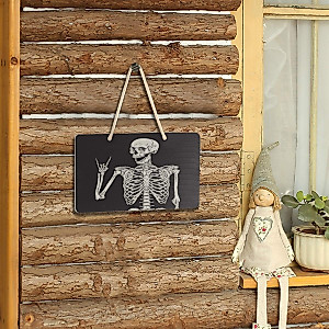 Human Skeleton Skull Hanging Door Sign Plaque, Funny Halloween Wall Signs Home Decor with String Decorative Hanging Sign for Front Door Yard Garden Entrance Porch Farmhouse Office 6x11 inches