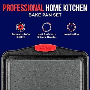 2 Piece Set Nonstick Carbon Steel Oven Bakeware -Professional Quality Kitchen Cooking Baking Trays -PFOA, PFOS, PTFE-Free Small & MediumBaking Sheet Pans with Red Silicone Handles