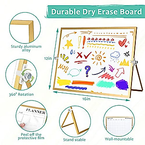 White Board, Jorking Dry Erase Calendar 16’’x12” Magnetic Desktop Whiteboard with Stand, Monthly whiteboard for wall Portable Double-Sided Dry Erase Board for Kitchen, Office, School, Gift idea,Golden