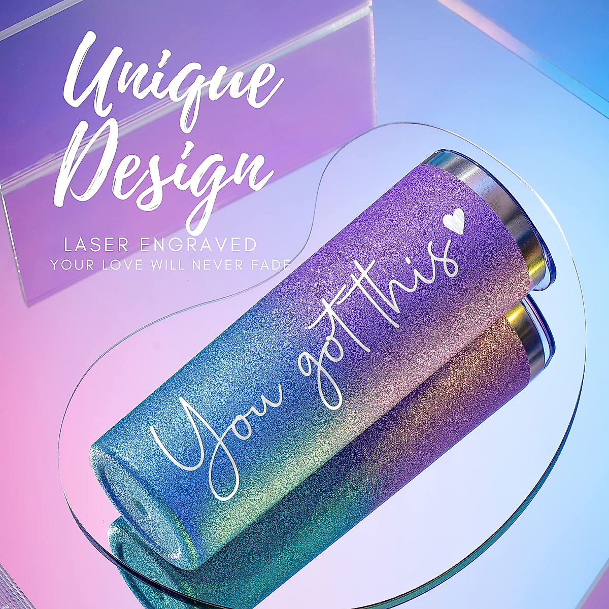 Onebttl Inspirational Gifts for Women, You Got This, Motivational Encouragement Job Promotion Congratulations Gifts for Women, Friends, New Mom, Coworkers, 20Oz Skinny Tumbler， Glitter Blue & Purple