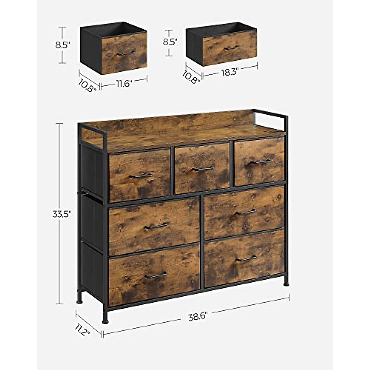 SONGMICS Dresser for Bedroom, Chest of Drawers, 7 Fabric Drawers with Handles, Rustic Brown and Black ULTS137B01