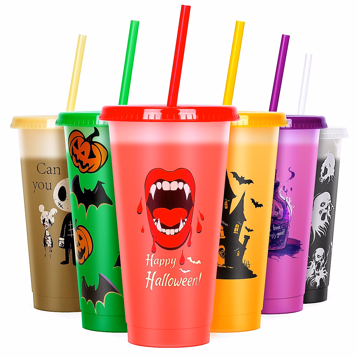 Cessfle Halloween Color Changing Cups with Lids and Straws, 6 Pack 24oz Plastic Halloween Tumblers Set Halloween Bulk Party Cups, Reusable Cups with Lids and Straws for Halloween Party Favors…