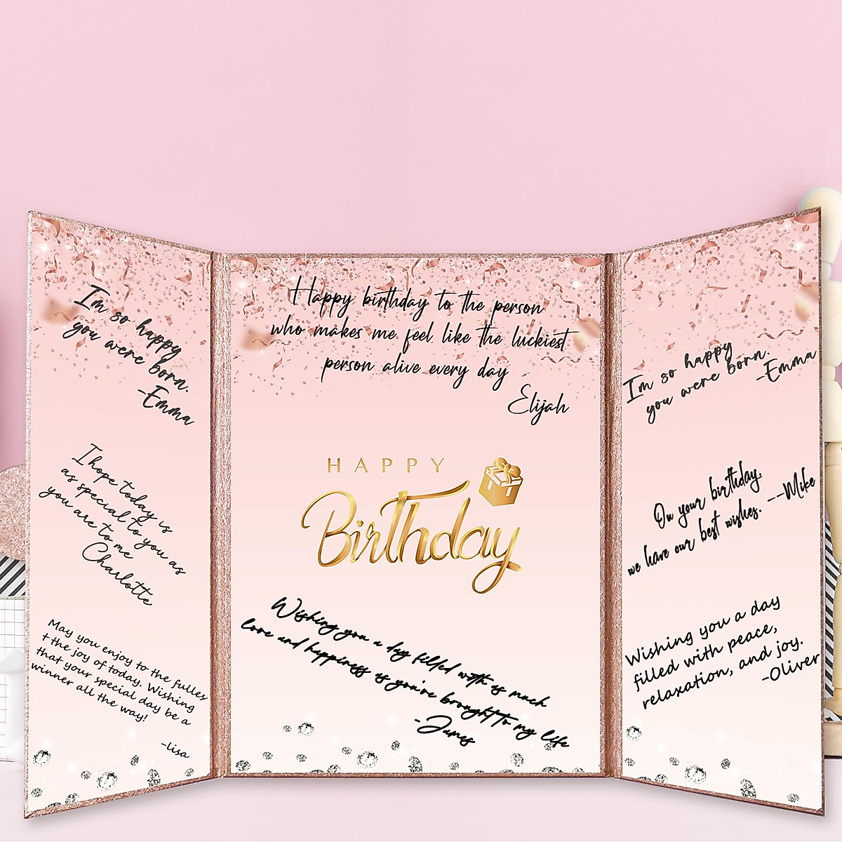 Crenics Rose Gold Happy Birthday Decorations, Creative Birthday Guest Sign in Book Alternative, Birthday Signature Book 18" x 12", Great Birthday Gifts for Women or Girls