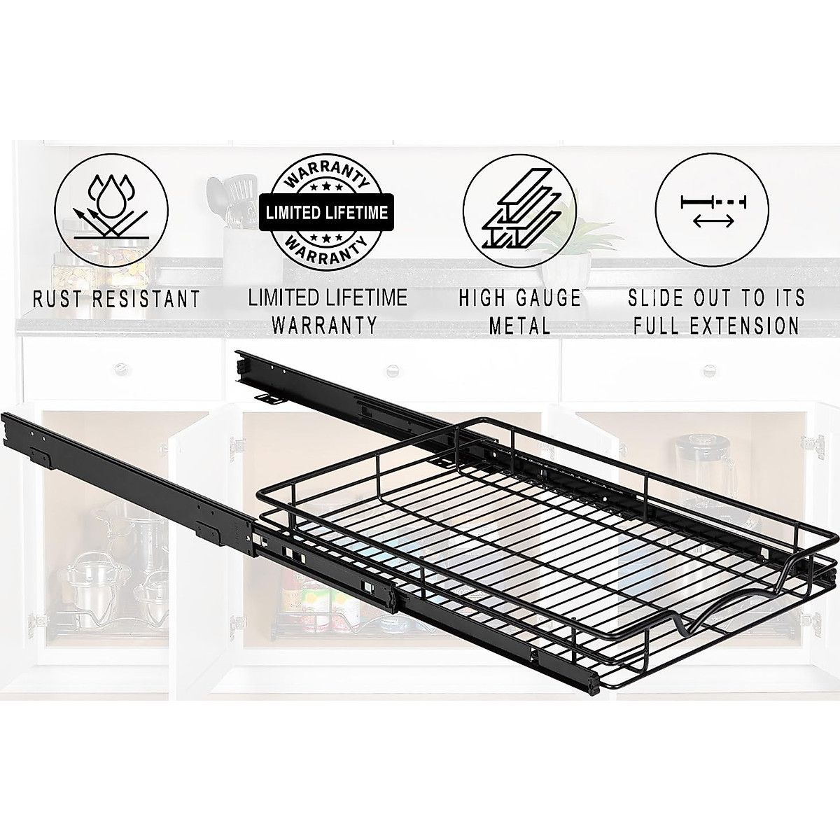 Hold N’ Storage Pull Out Cabinet Drawer Organizer, Heavy Duty-with Lifetime Limited Warranty- Slide Out Shelves, -11”W x 21”D - Requires At Least a 12-1/4” Cabinet Opening, Steel Metal, Black Finish