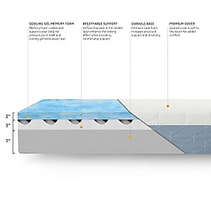 Amazon Basics Memory Foam Mattress, Medium Firm, Cooling Gel, King Size Mattress, CertiPUR-US® Certified Foam, 80 x 76 x 12 inches, White/Gray