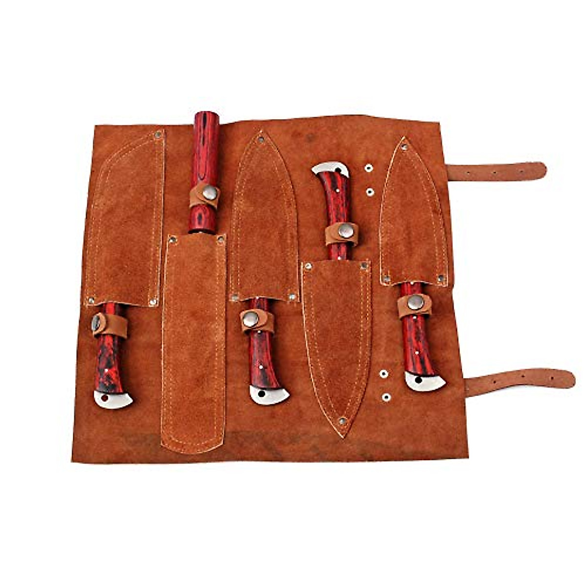 MK-5022 Damascus Chef Knife/Kitchen knife Set of 5 Pieces Professional Japanese Style BBQ Knife Set Custom Handmade Carbon Steel with Red and Brown Pakkawood Handle with Leather Sheath Cover.