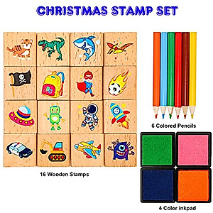 Zayvor Kids Stamps Set, Boy Wooden Rubber Stamp with Ink Pad Colored Pencil, Holiday Square Craft Stamp for Stamping Scrapbooking Crafting Booking Card Making Stocking Filler,Party Favor Gift