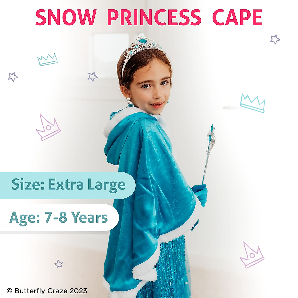 Butterfly Craze Snow Princess Kids Cape with Hood - A Gorgeous Ice Blue Children's Warm Winter Wrap Shawl Perfect for Your Toddler's Adventure, Pretend Play & Dress up Costume, Cape Only, XL 7-8yrs