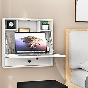 IFANNY Folding Wall Desk, Wood Wall Mounted Desk with Storage Drawer and Shelves, Fold Down Wall Mount Laptop Desk, Corner Floating Desk for Small Spaces (White)