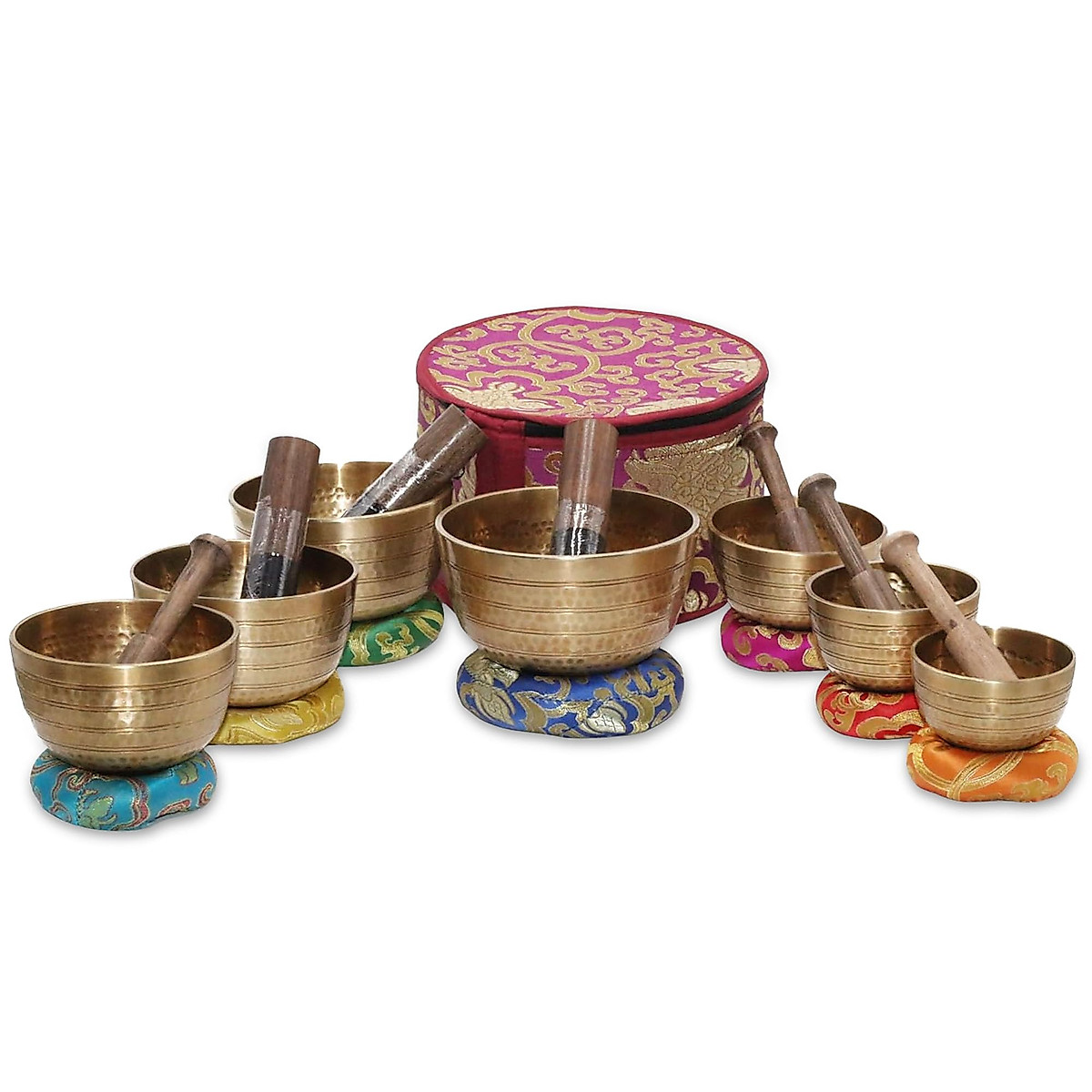 Sanskar Nepal - Tibetan Singing Bowl Set of 7, Handcrafted Singing Bowl for Meditation & Holistic Healing, Yoga Accessories, 3-5” Gold Singing Bowls with Wooden Striker, Cushion & Purple Carry Box