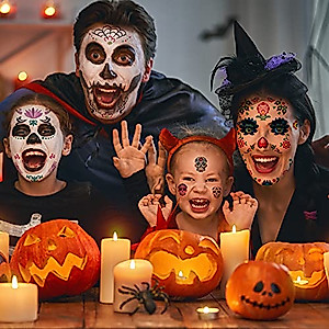12 Sheets Halloween Face Tattoos Day of the Dead Face Sugar Skull Tattoos, Including 6 Large Sheets Halloween Sugar Skull Temporary Face Tattoos