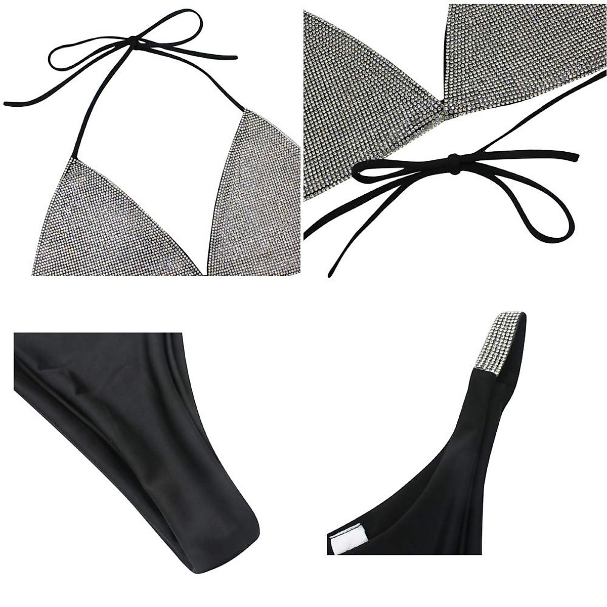 Women 2 Piece Shiny Diamond Crystal Bathing Suit Bikini Sexy Push Up Swimwear for Party Rave Clubwear Black
