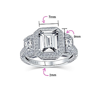 Personalize Estate Vintage Art Deco Style 3CT AAA CZ Halo Rectangle Emerald Cut Statement Engagement Ring For Women CZ Baguette Side Stones .925 Sterling Silver Custom Engraved